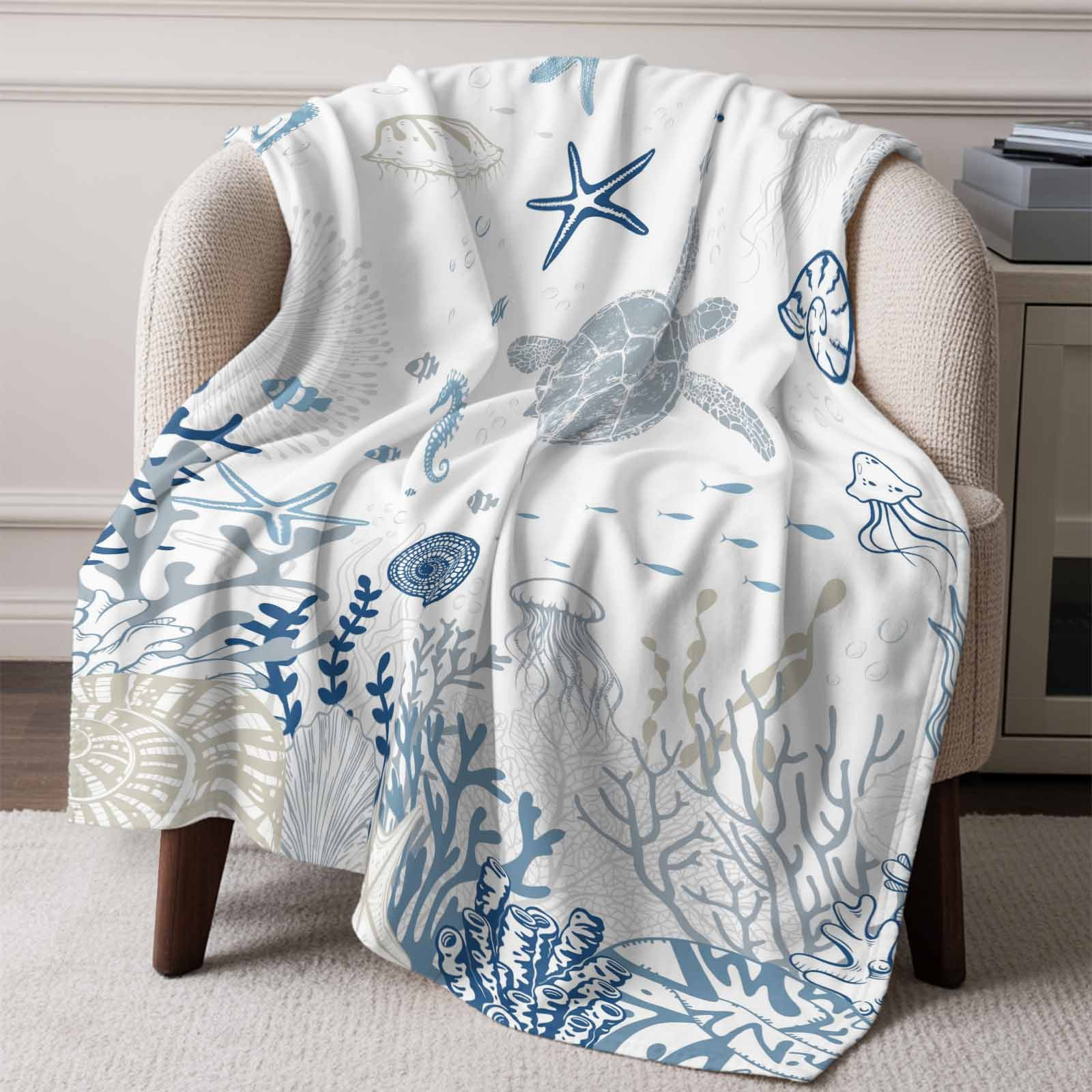 Flannel Fleece Throw Blanket Blue Ocean Coral Sea Turtle Lightweight ...