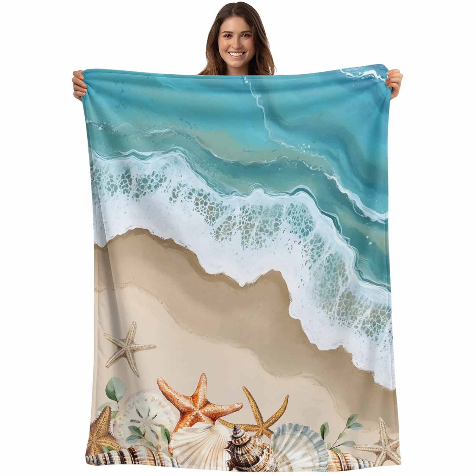 Flannel Fleece Throw Blanket Blue Ocean Summer Beach Shells Starfish ...