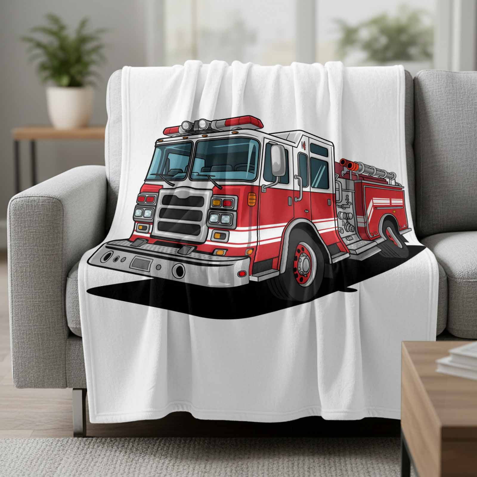 Flannel Fleece Throw Blanket, Cartoon Fire Truck Red Grey Car Soft Warm ...