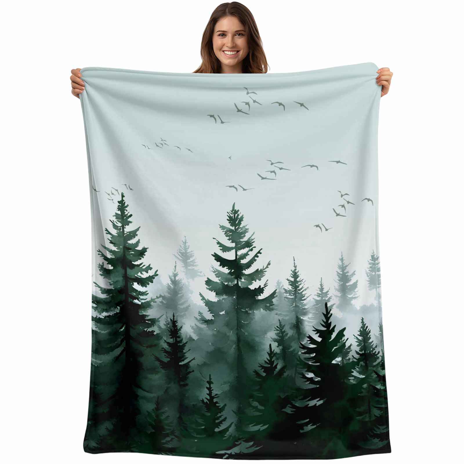 Flannel Fleece Throw Blanket Green Forest Misty Tree Lightweight Soft ...