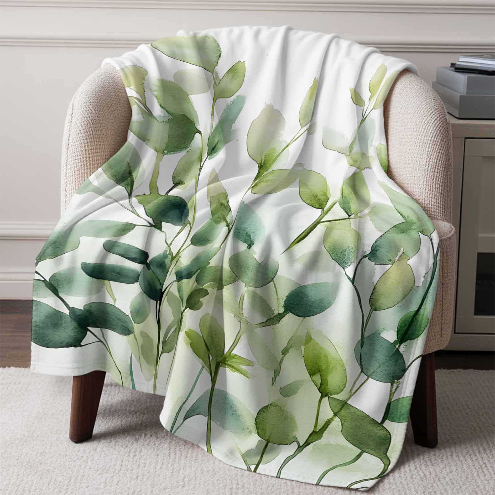Flannel Fleece Throw Blanket Green Leaves Watercolor Gradient ...