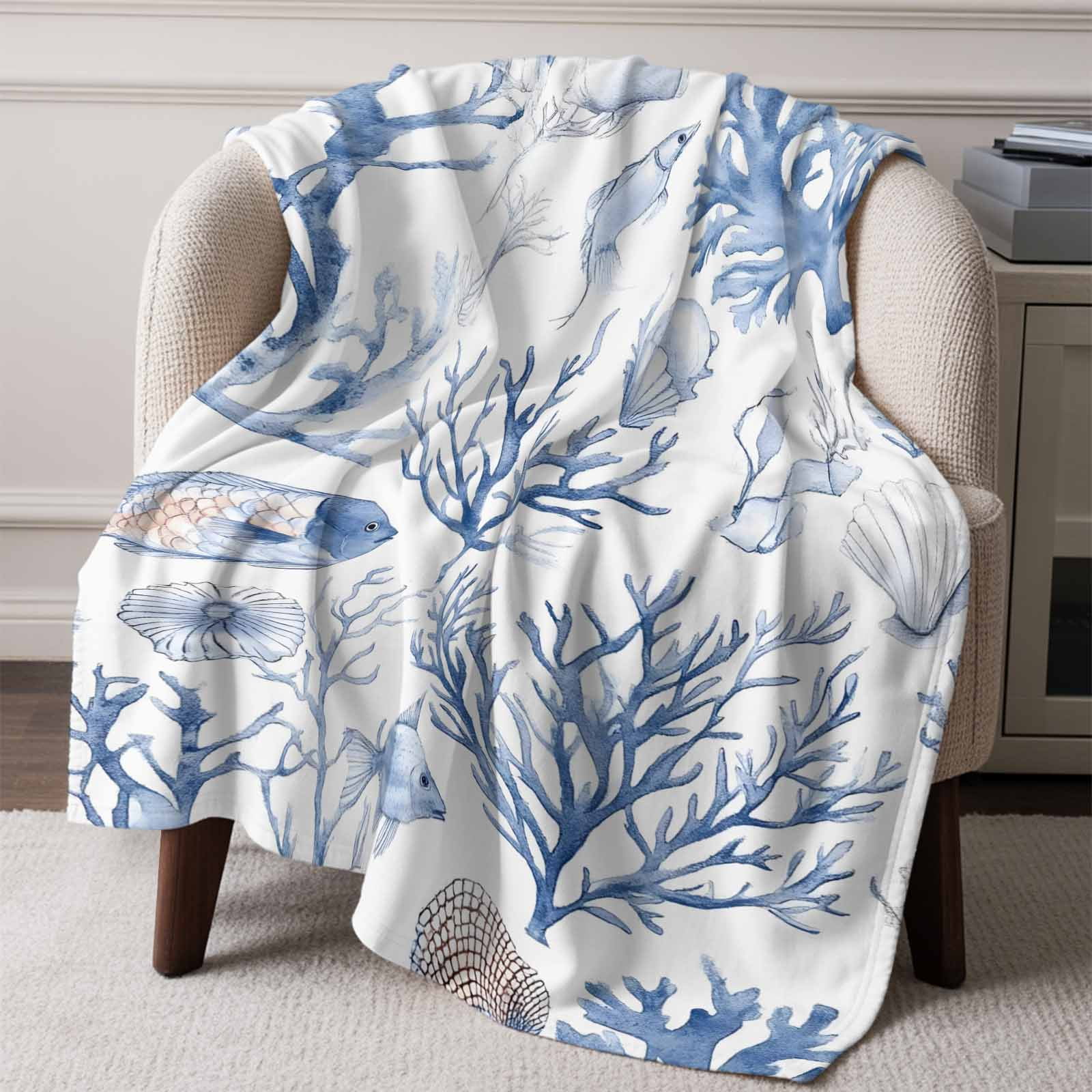Flannel Fleece Throw Blanket Ocean Fish Blue Coral Lightweight Soft ...