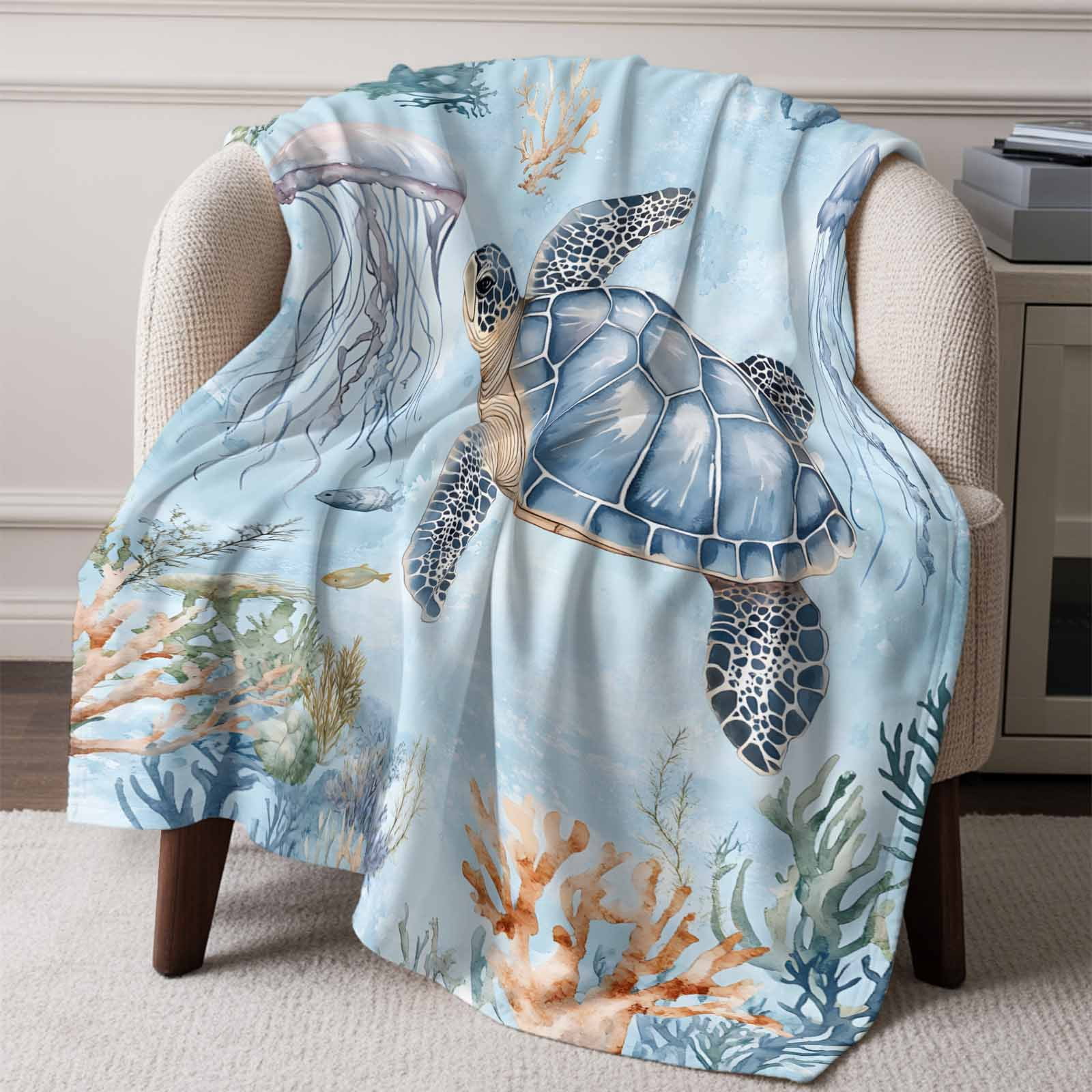 Flannel Fleece Throw Blanket Sea Turtle Blue Ocean Coral Seaweed ...