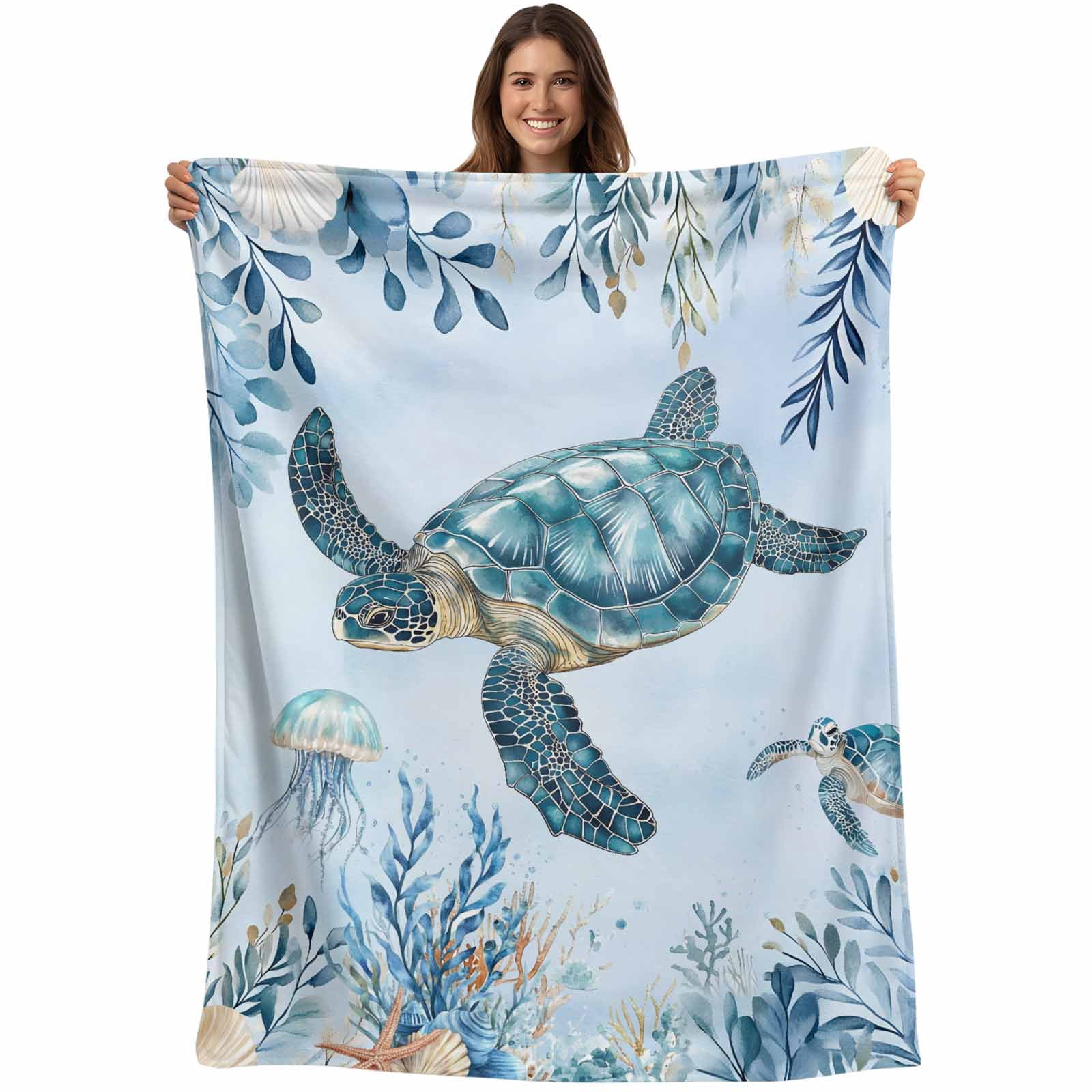 Flannel Fleece Throw Blanket Sea Turtle Coral Seaweed Lightweight Soft ...