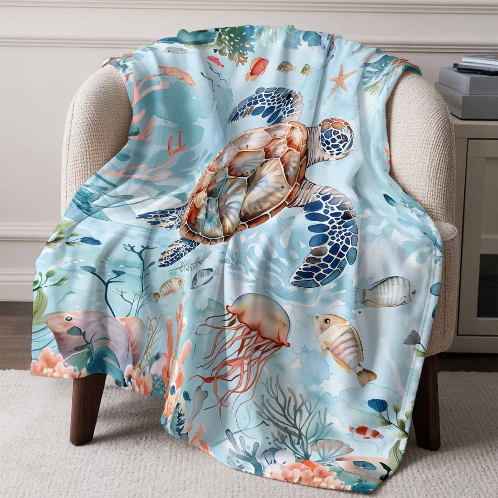 Flannel Fleece Throw Blanket Sea Turtle Jellyfish Watercolor ...