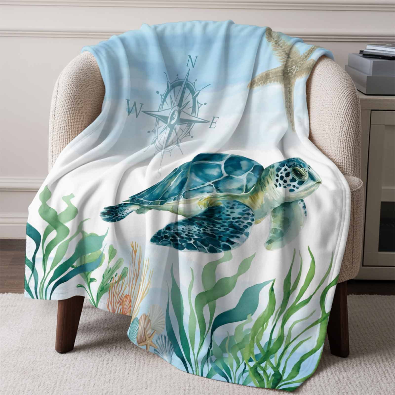 Flannel Fleece Throw Blanket Sea Turtle Ocean Starfish Lightweight Soft ...