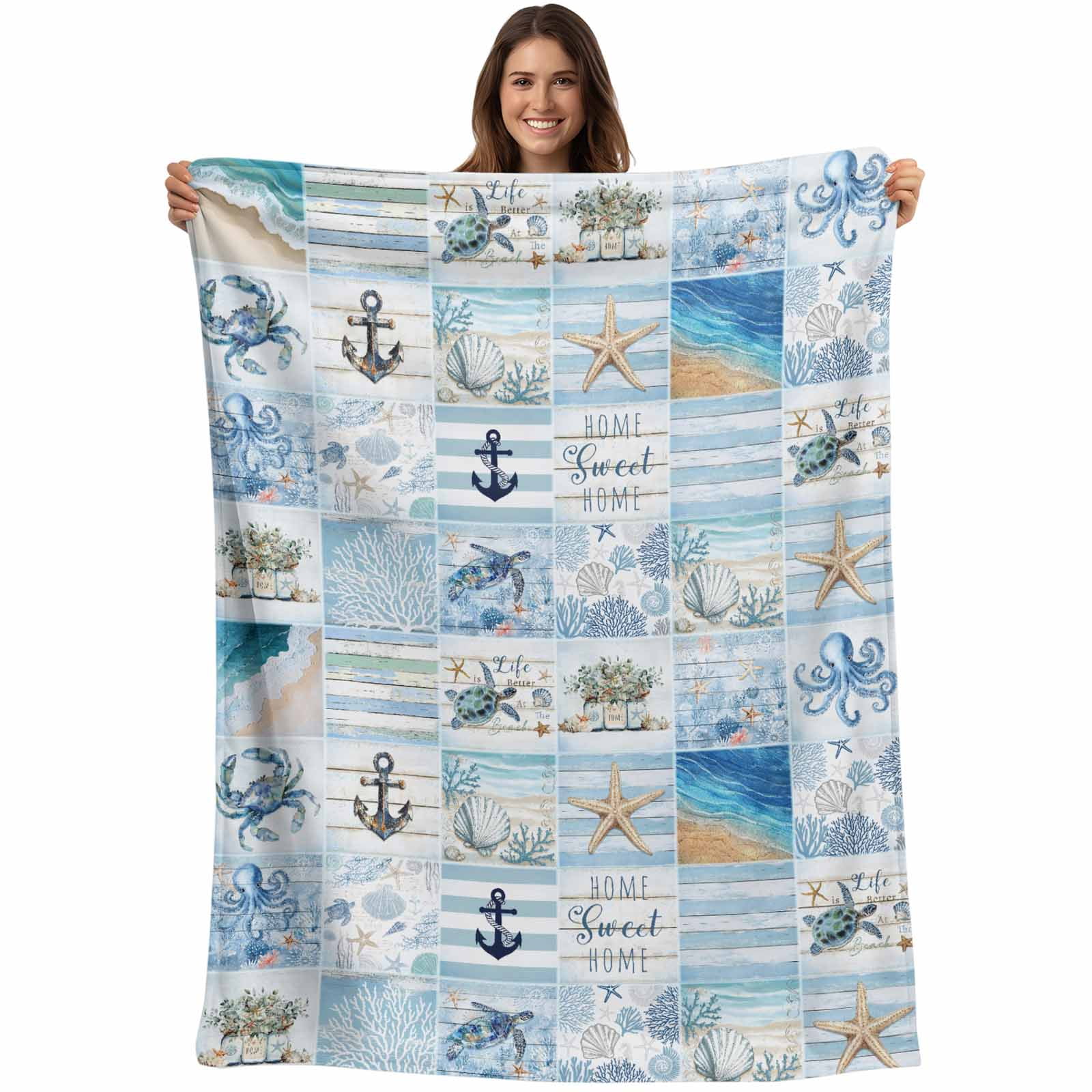 Flannel Fleece Throw Blanket Summer Beach Nautical Anchor Starfish ...