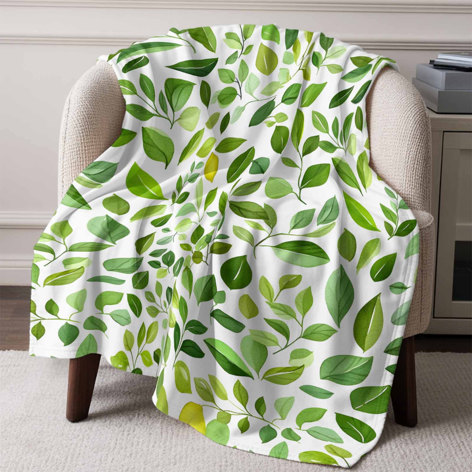 Flannel Fleece Throw Blanket Summer Green Watercolor Leaf Lightweight ...