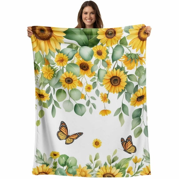 Flannel Fleece Throw Blanket Sunflower Butterfly Eucalyptus Leaf Lightweight Soft Plush Blankets ...