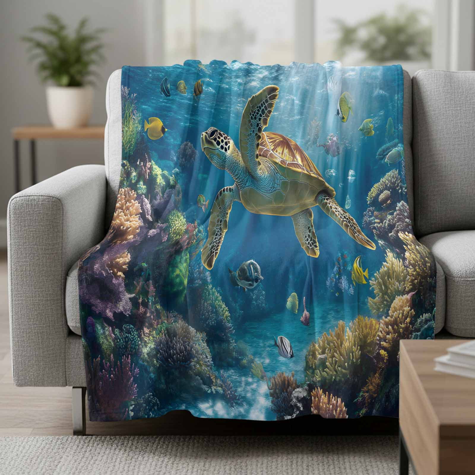 Flannel Fleece Throw Blanket, Tropical Ocean Turtle Coral Soft Warm ...