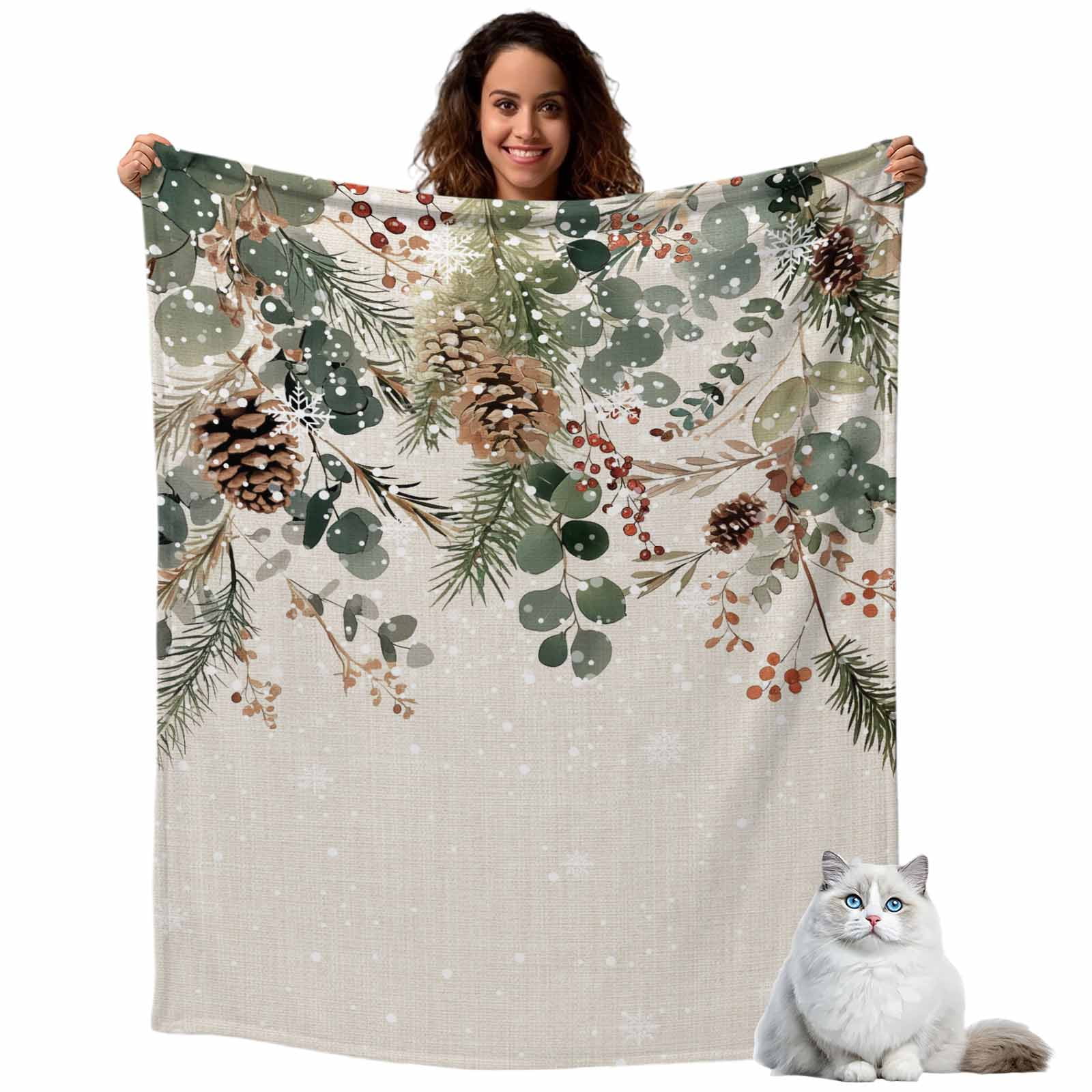 Flannel Fleece Throw Blankets Christmas Pine Cone Green Eucalyptus Leaf ...
