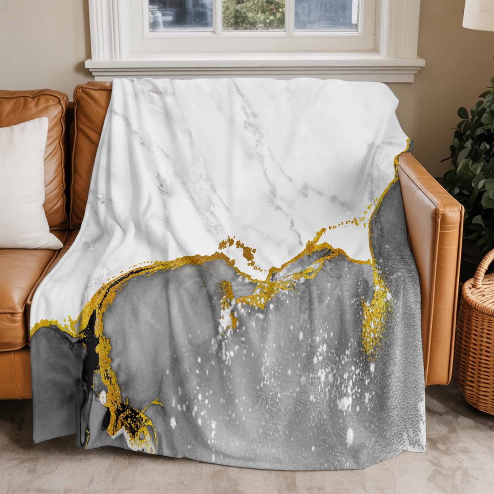 Flannel Fleece Throw Blankets Grey Marble Gold Stripe Throws Blankets ...