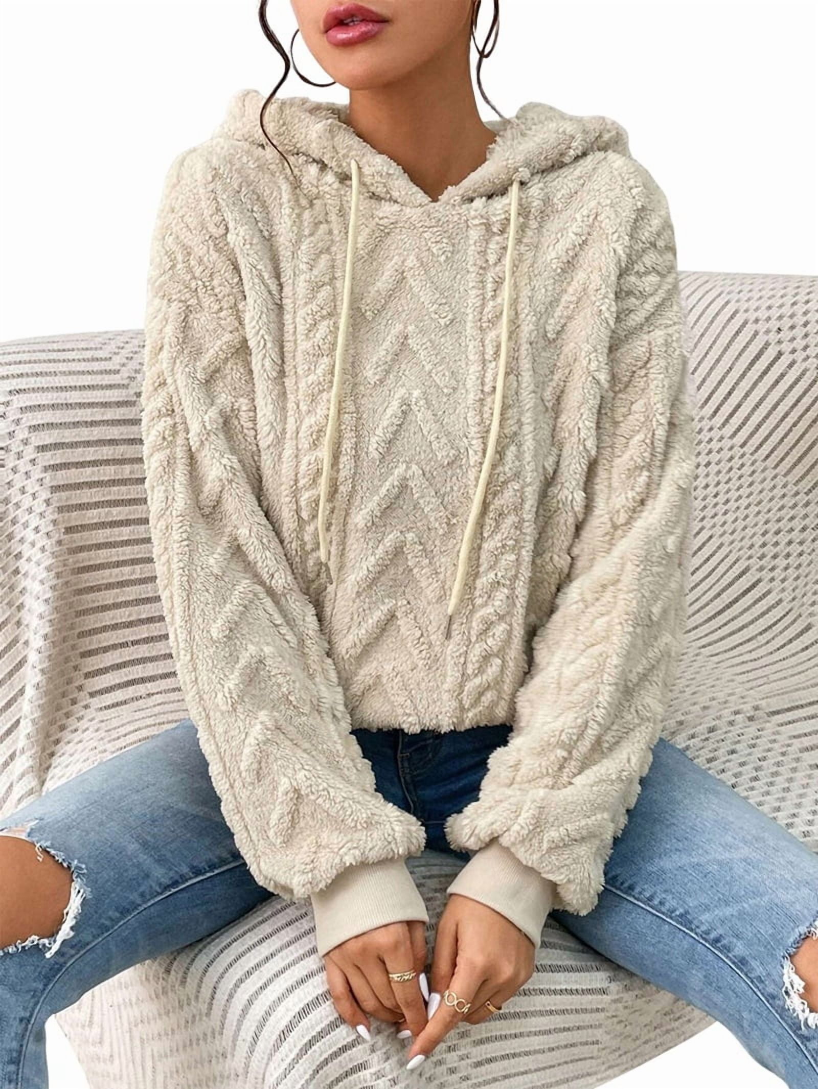 - Flannel Hooded Loose Pullover Sweater Winter Long Sleeve Warm Top S ...