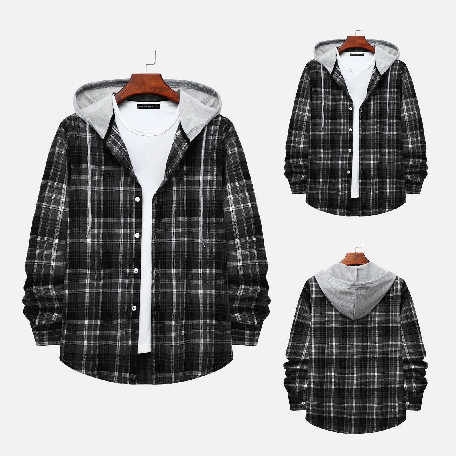 Flannel Hoodies for Men Casual Button Down Plaid Long Sleeve ...