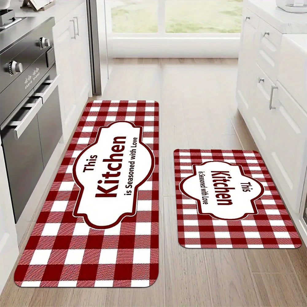 [Flannel Kitchen Carpet Set] 1/2/3Pcs Red & White Grid Printed Flannel ...
