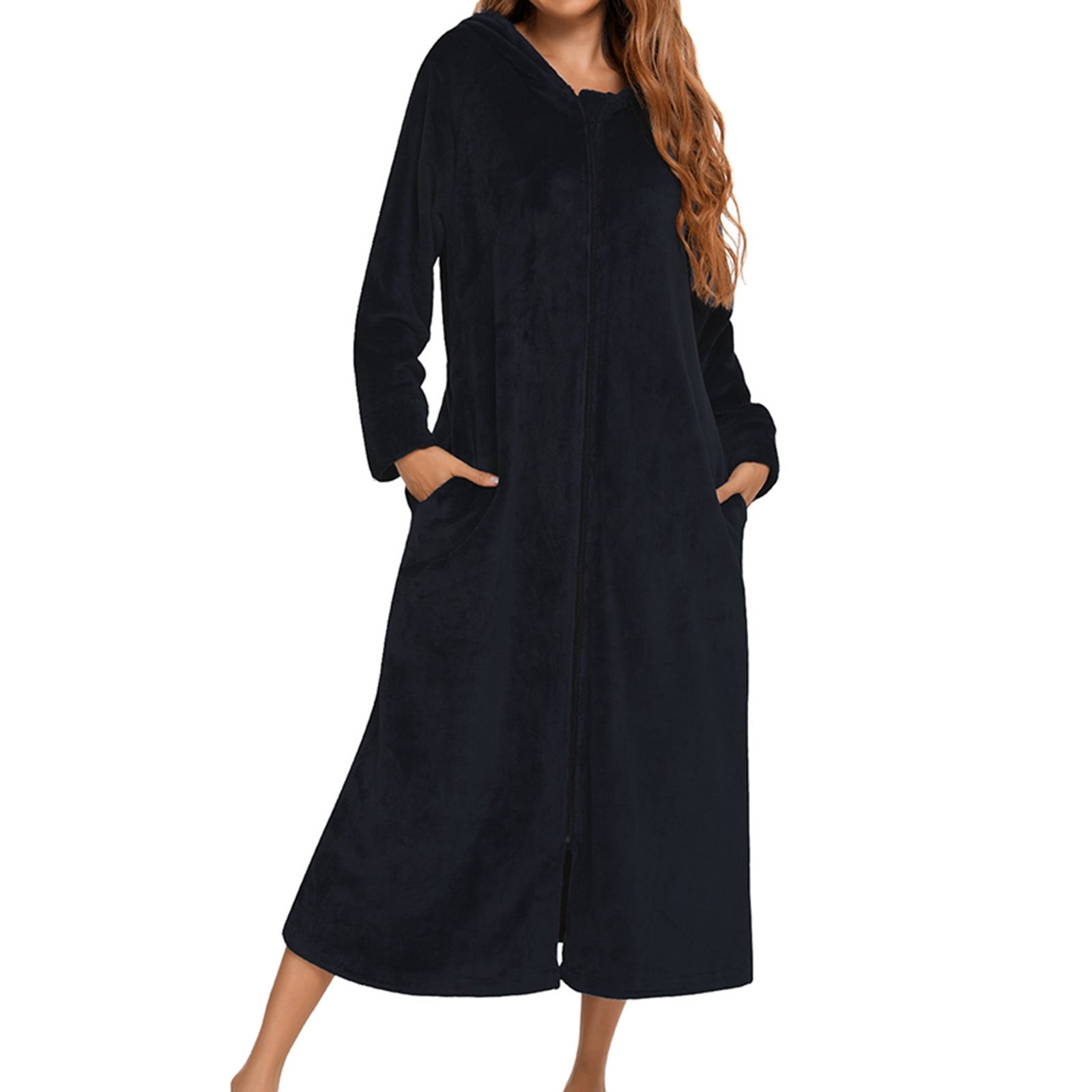 Flannel Long Sleeve Robe Women Shower Robe With Hood With Hood And Zipper Womens Robes Knee