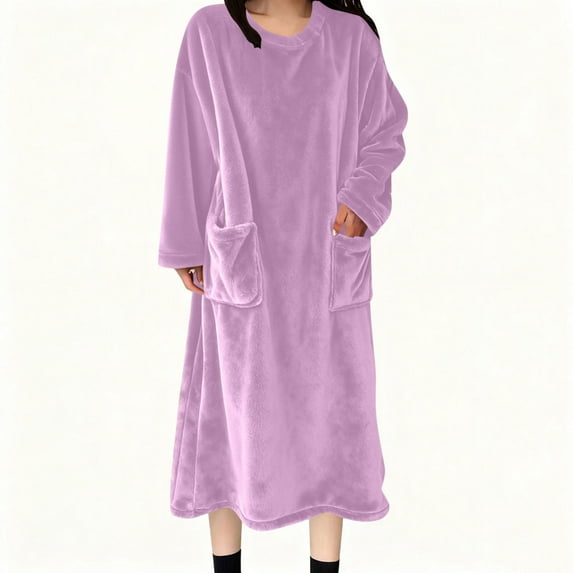 Flannel Nightgowns for Women Fuzzy Pajama Dress Long Sleeve Warm ...