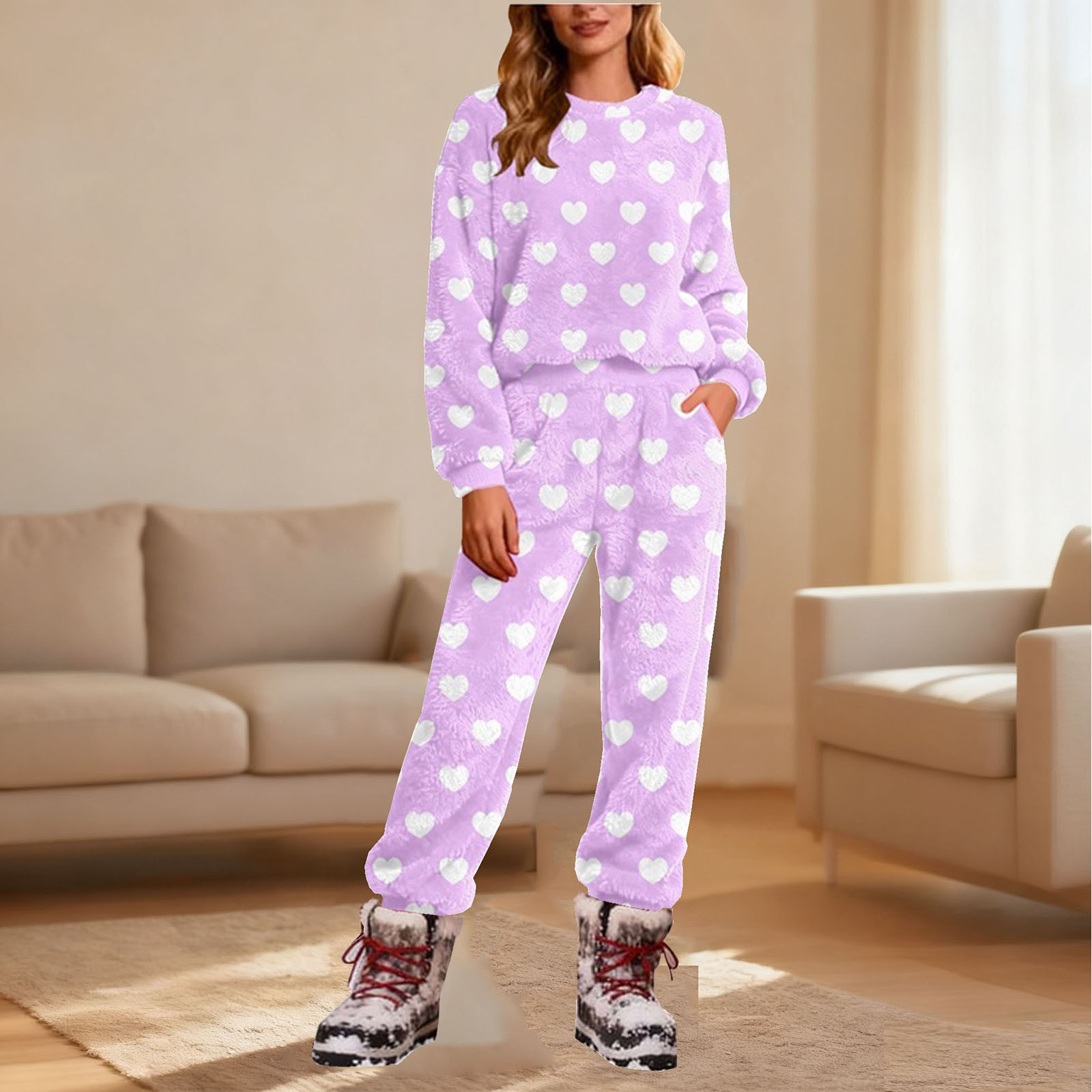 Flannel Pajamas Set for Women Cute Print Pullover Tops Matching Pants ...