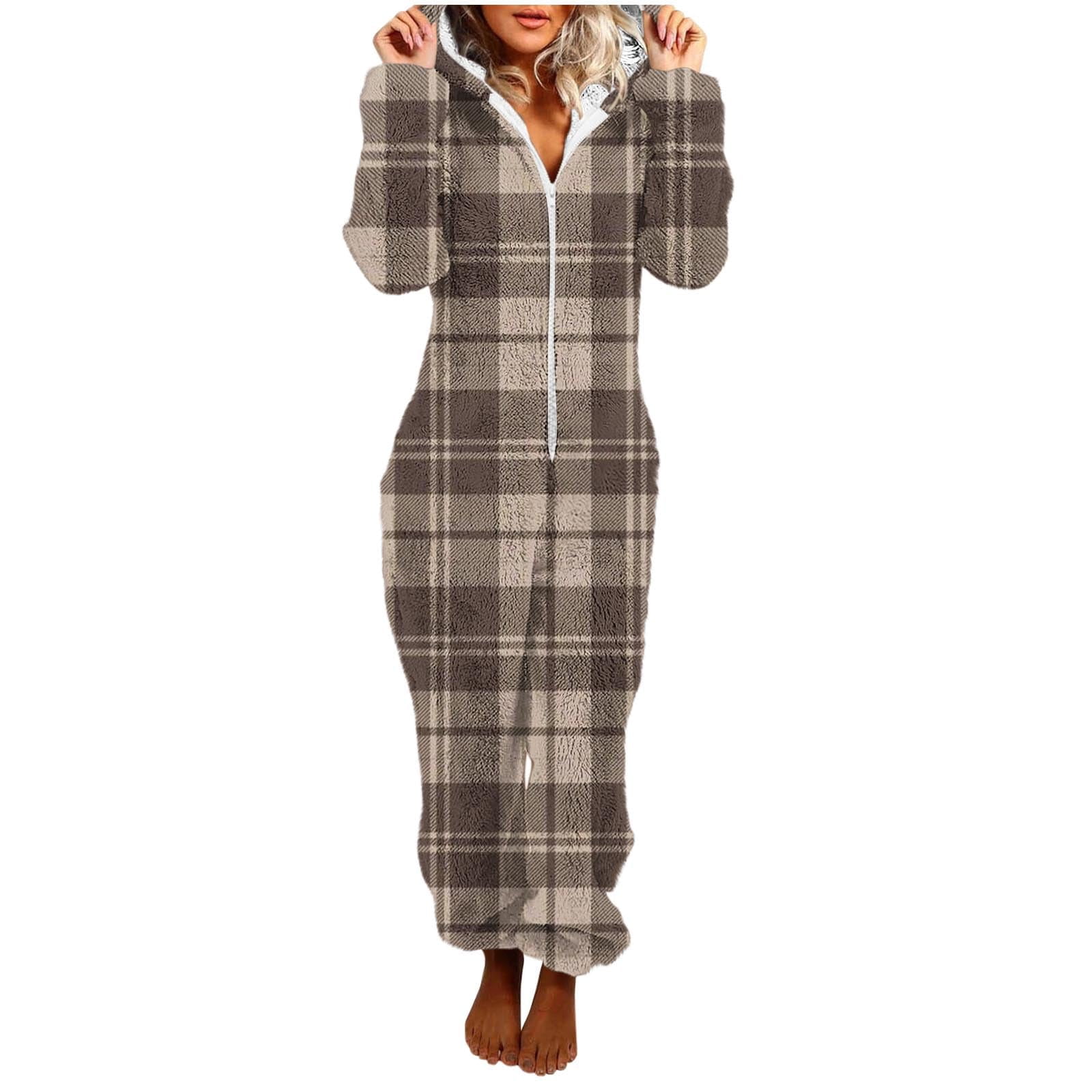 Flannel Pajamas for Women Fleece Fuzzy Sherpa Hooded One Piece Plaid ...