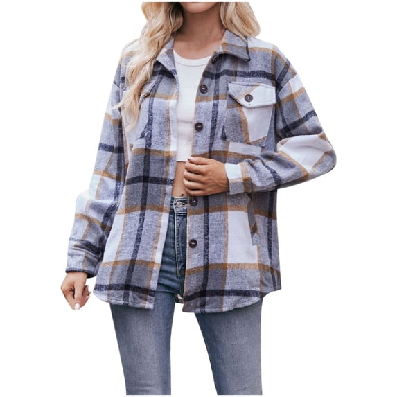 Flannel Plaid Jackets for Women Classic Plaid Button Down Shacket ...