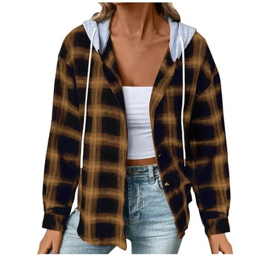 MOSHU Women's Flannel Plaid Shacket Jacket with Hood and Pocket, Button ...