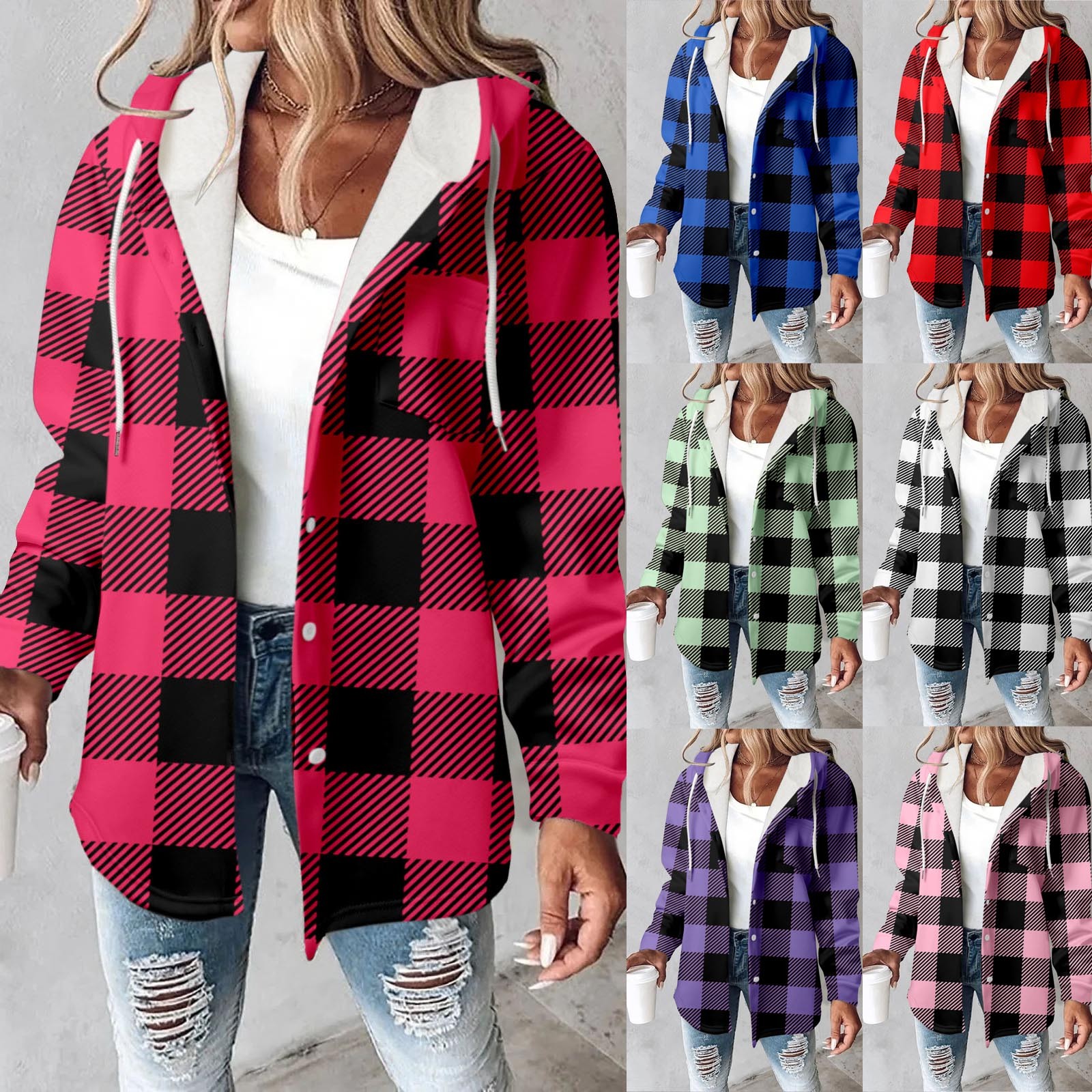 Flannel Plaid Jackets for Women with Hood Long Sleeve Button Down ...