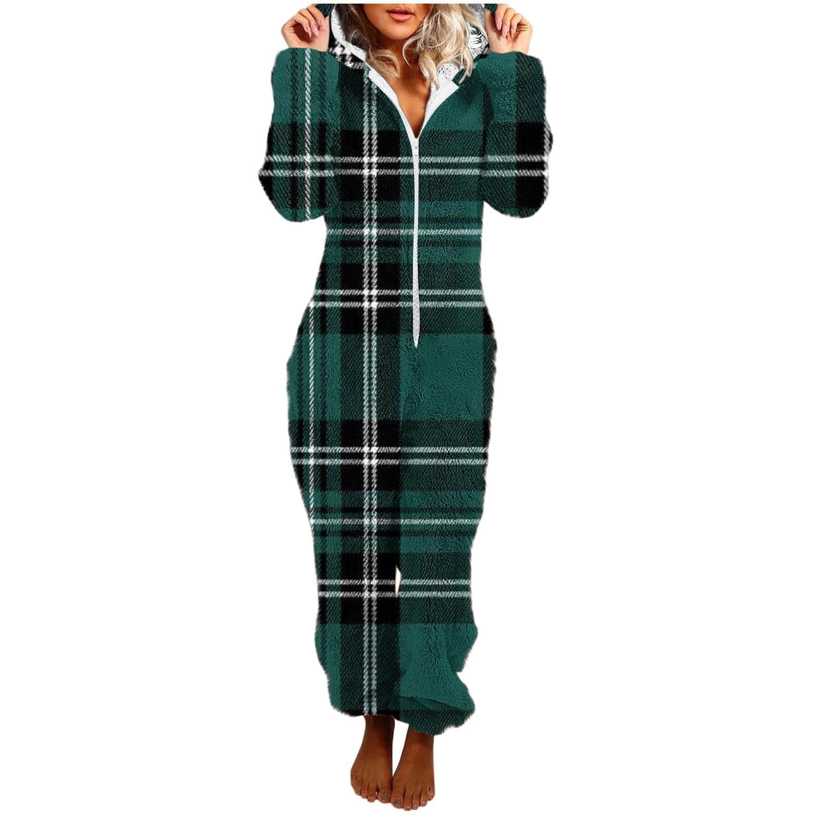 Flannel Plaid Pajamas Women Fleece Fuzzy Sherpa Hooded One Piece ...