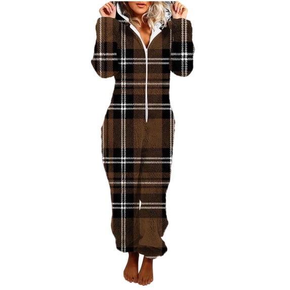 Flannel Plaid Pajamas Women Fleece Fuzzy Sherpa Hooded One Piece ...