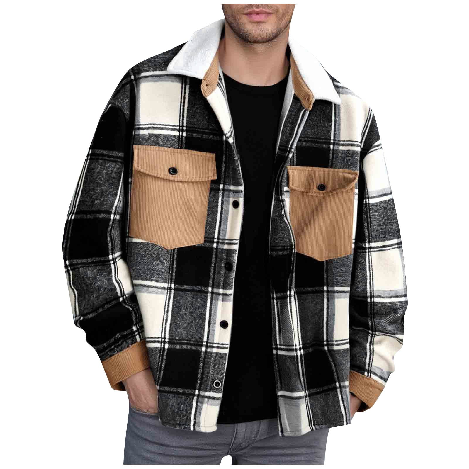 Flannel Plaid Shacket Mens Jackets Button Up Lapel Collar Pockets Long ...