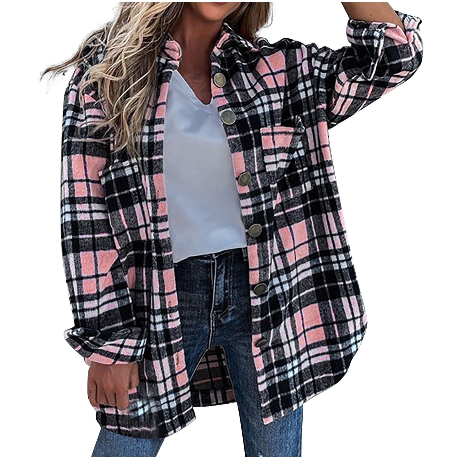 Flannel Plaid Shackets Women Lapel Neck Button Down Shirt Jacket Casual Long Sleeve Cardigan ...