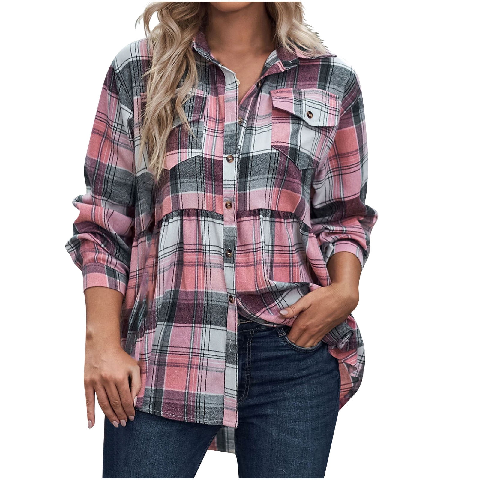 Flannel Plaid Shackets Women Lapel Neck Button Down Shirt Jacket Casual ...