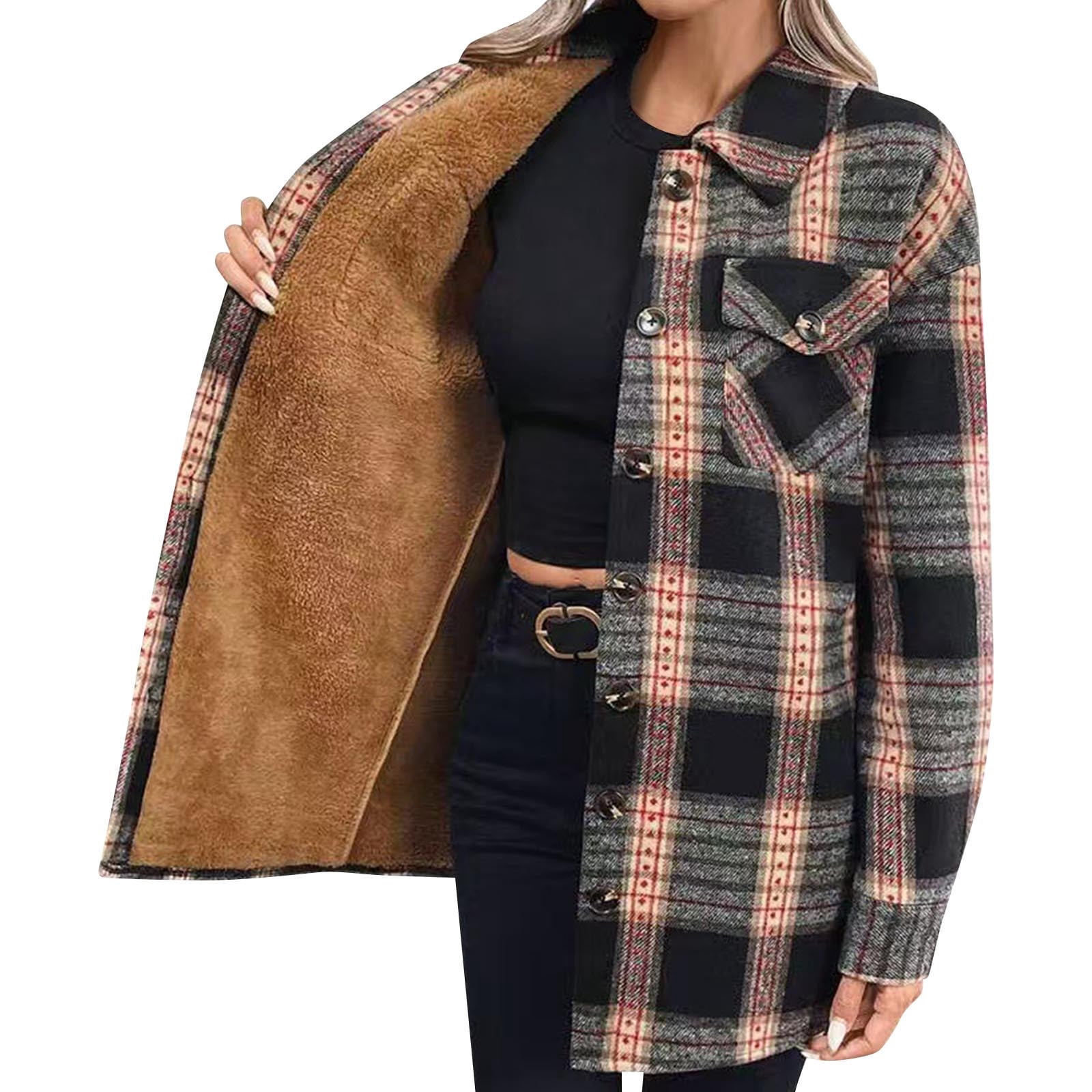 Flannel Plaid Shackets for Women Lapel Collar Button Down Shirt Jacket ...