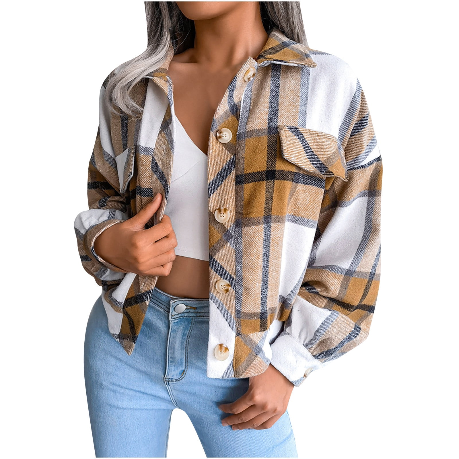 Flannel Shacket Jackets for Women Button Up Lapel Neck Plaid Shirt Long ...