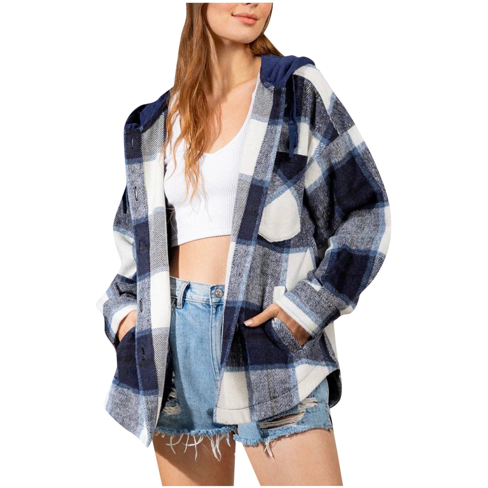 Flannel Shackets with Hood Womens Button Down Plaid Shirt Hoodie ...