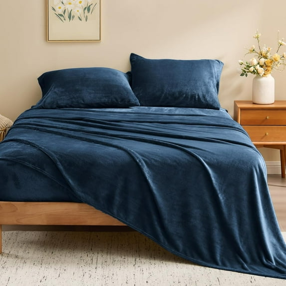 Flannel Sheets Queen Size Navy - Super Soft Fleece Sheets Set Fluffy ...