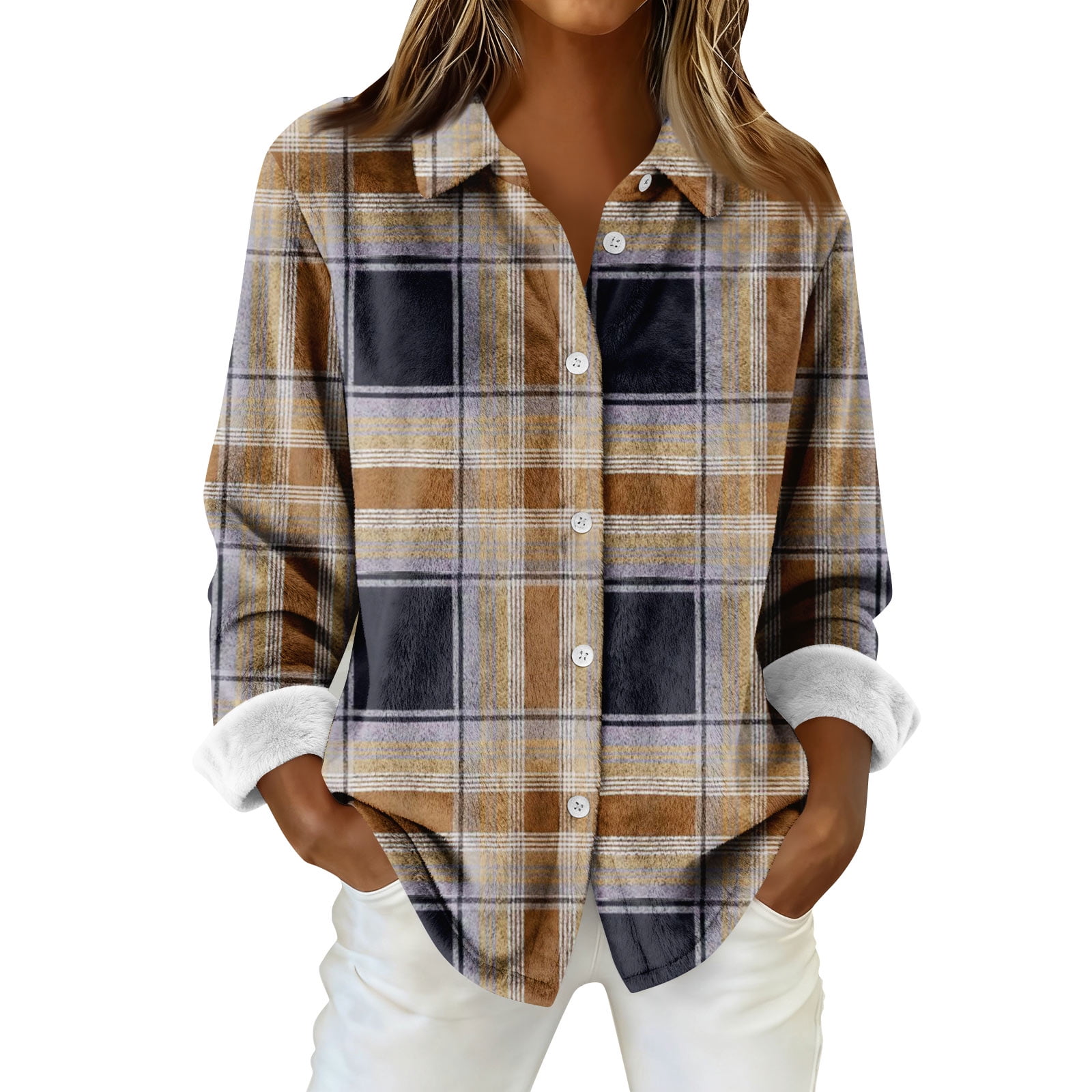 Flannel Shirt Women Long Sleeve Plaid Shirts Business Casual Button ...
