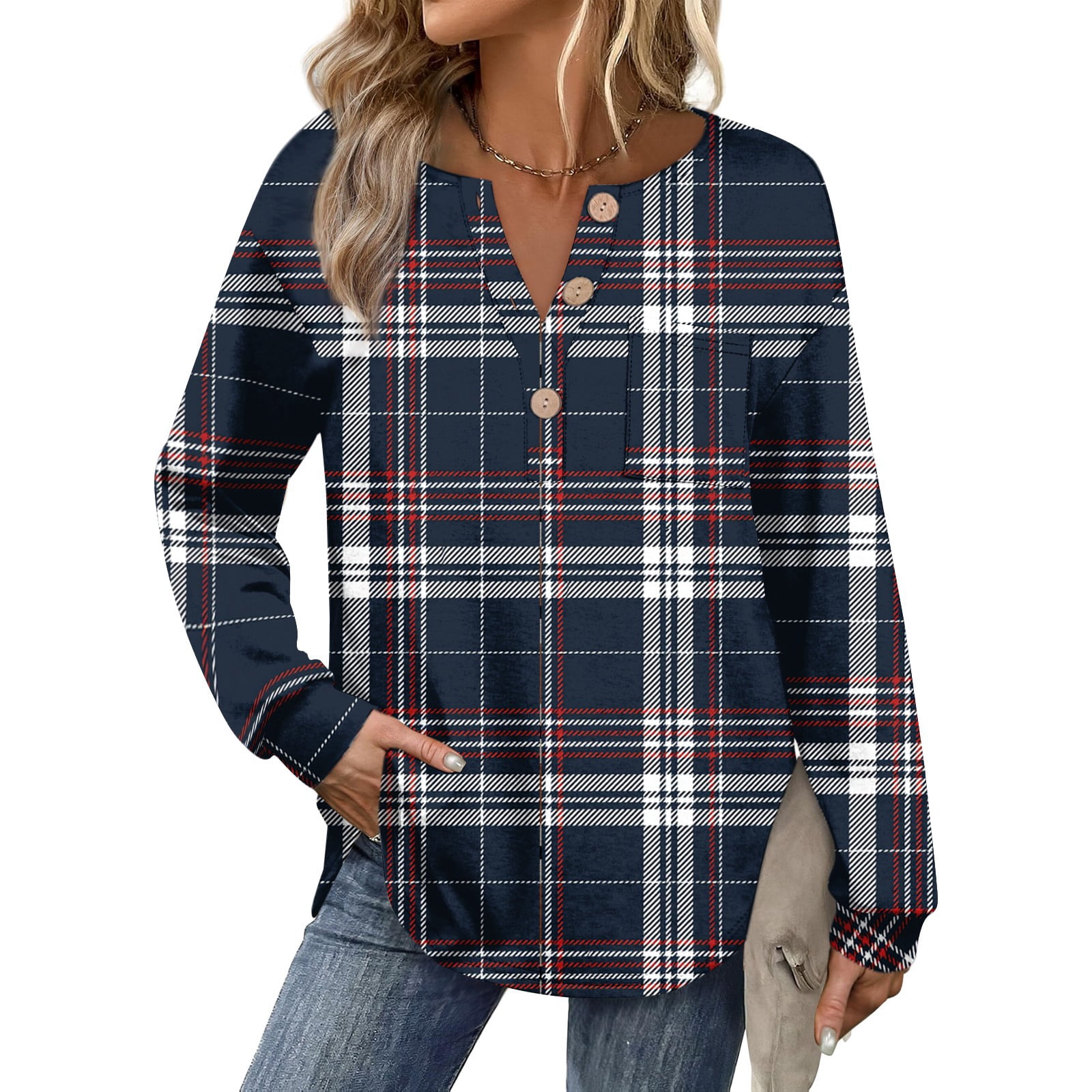 Flannel Shirt Women Plaid Long Sleeve Button Down Henley Shirts Dressy ...