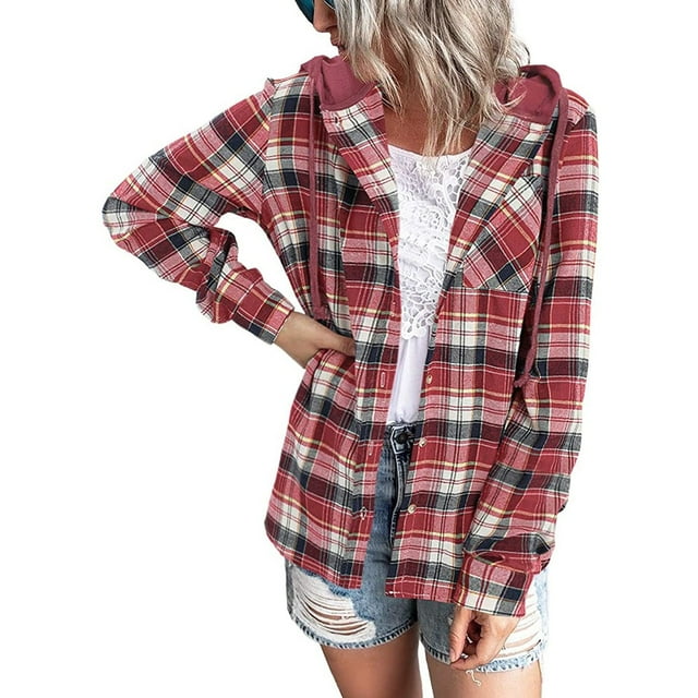 Flannel Shirt for Women Plaid Hooded Shacket Jacket Coat Women's Plaid Button Long Sleeve ...