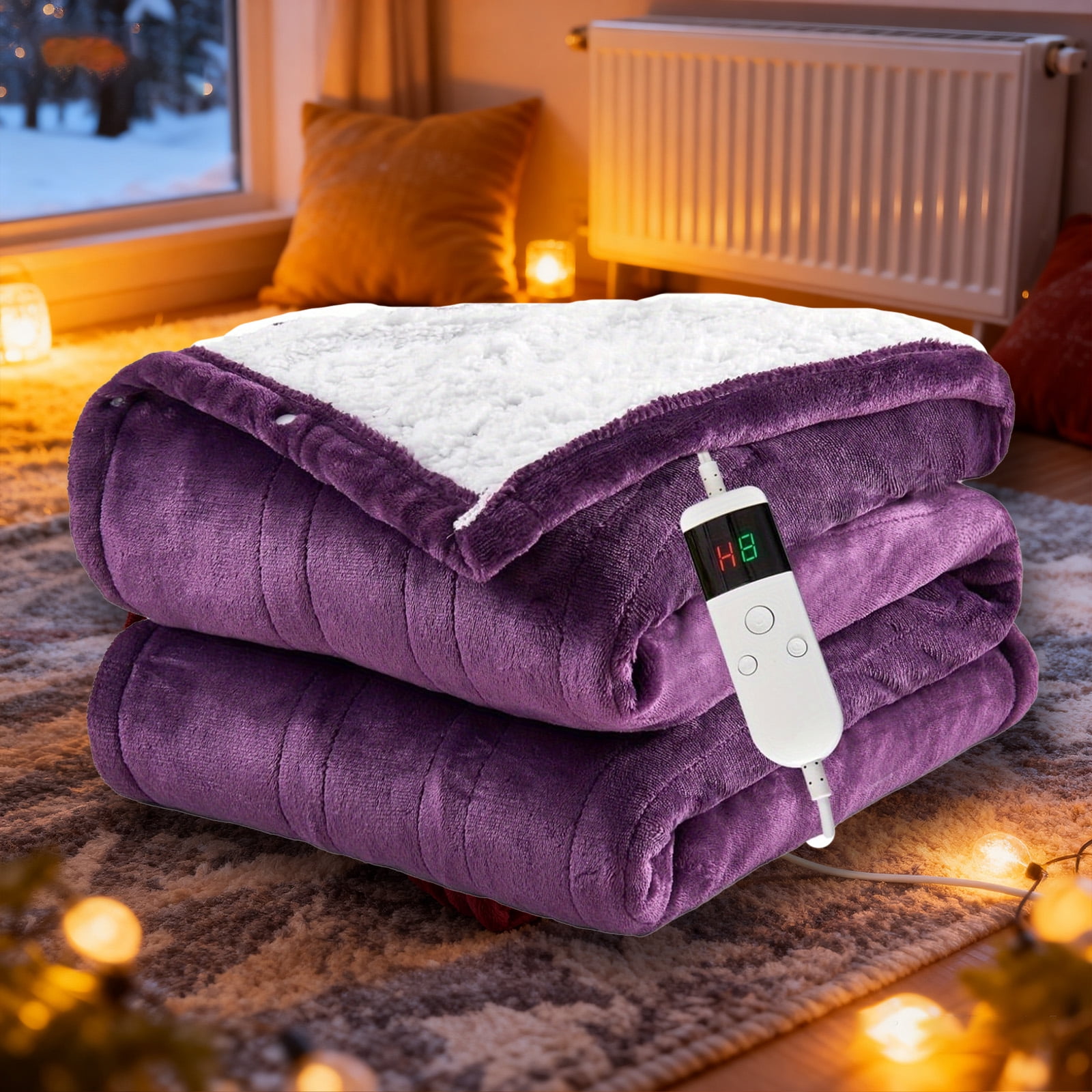 Flannel Solid-Color Electric Heated Throw 10-Level Rapid Heating 8-Hour ...
