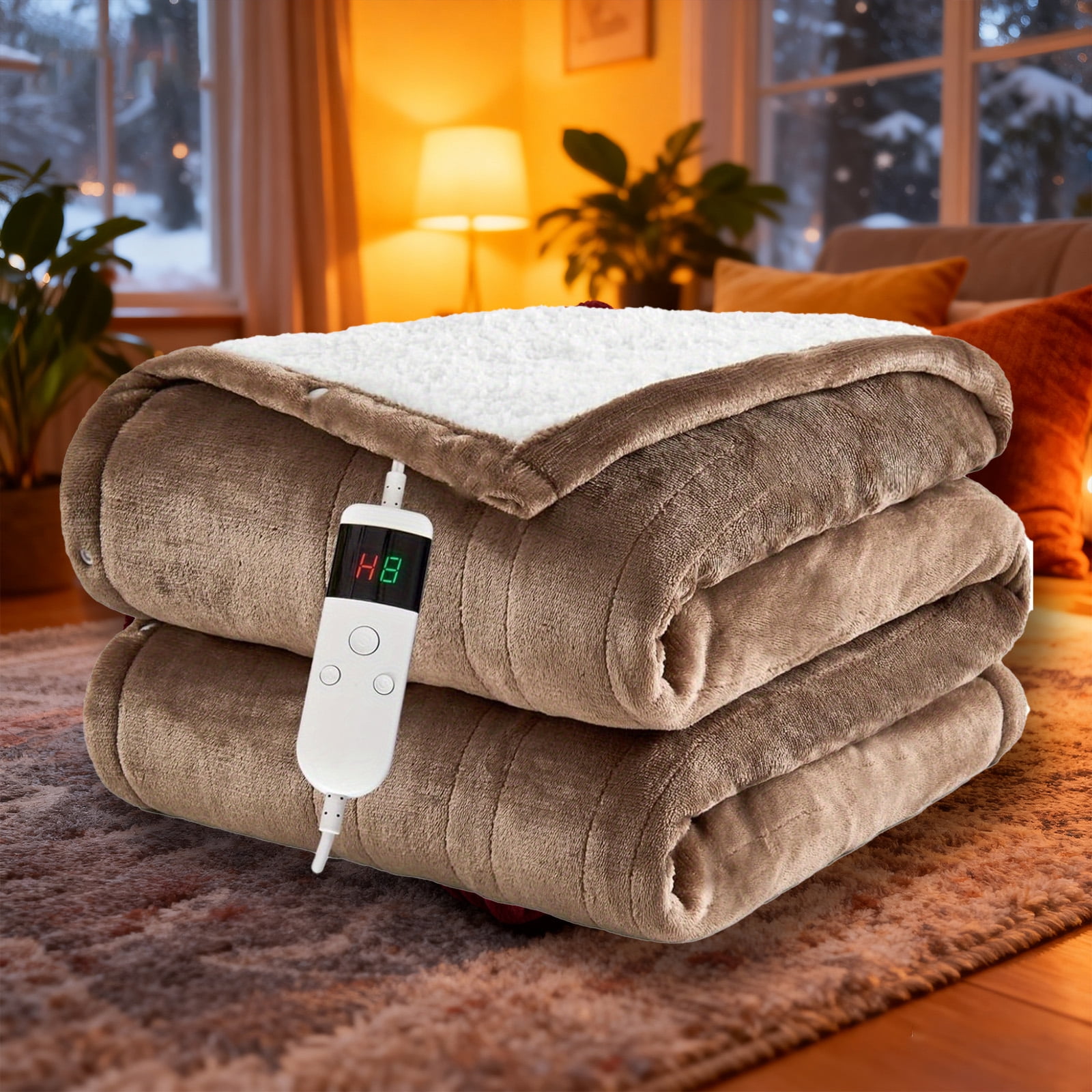 Flannel Solid-Color Electric Heated Throw 10-Level Rapid Heating 8-Hour ...