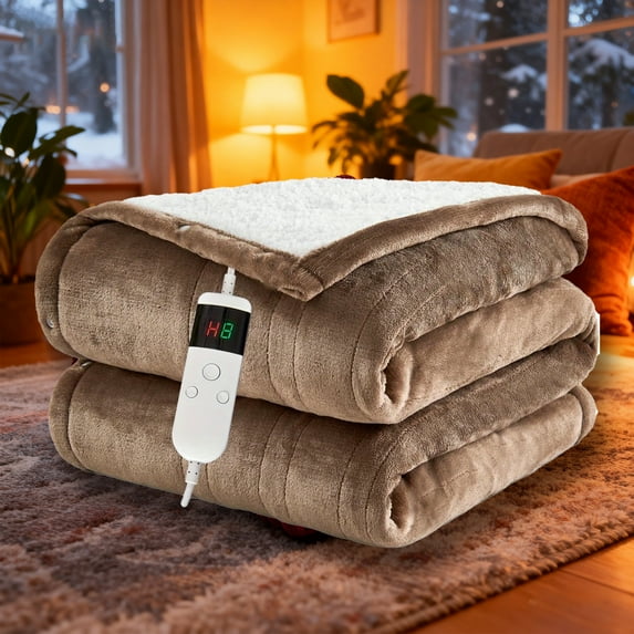 Flannel Solid-Color Electric Heated Throw 10-Level Rapid Heating 8-Hour ...