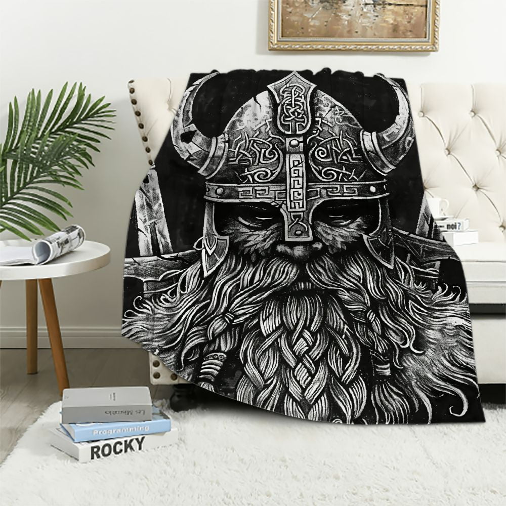 Flannel Throw Blanket Norse God with and Viking Warrior Engraving Style ...