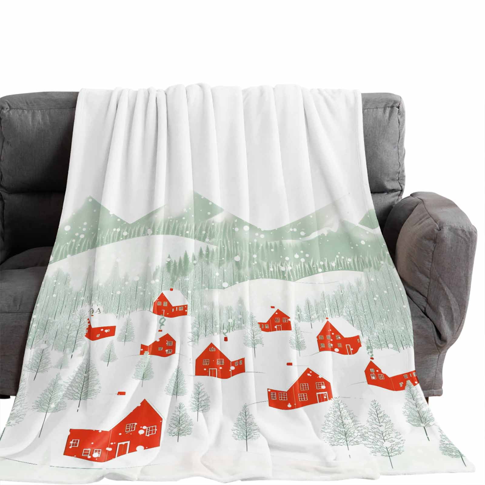 Flannel Throw Blanket for Couch Sofa Bed,Christmas Red House Sage Green ...