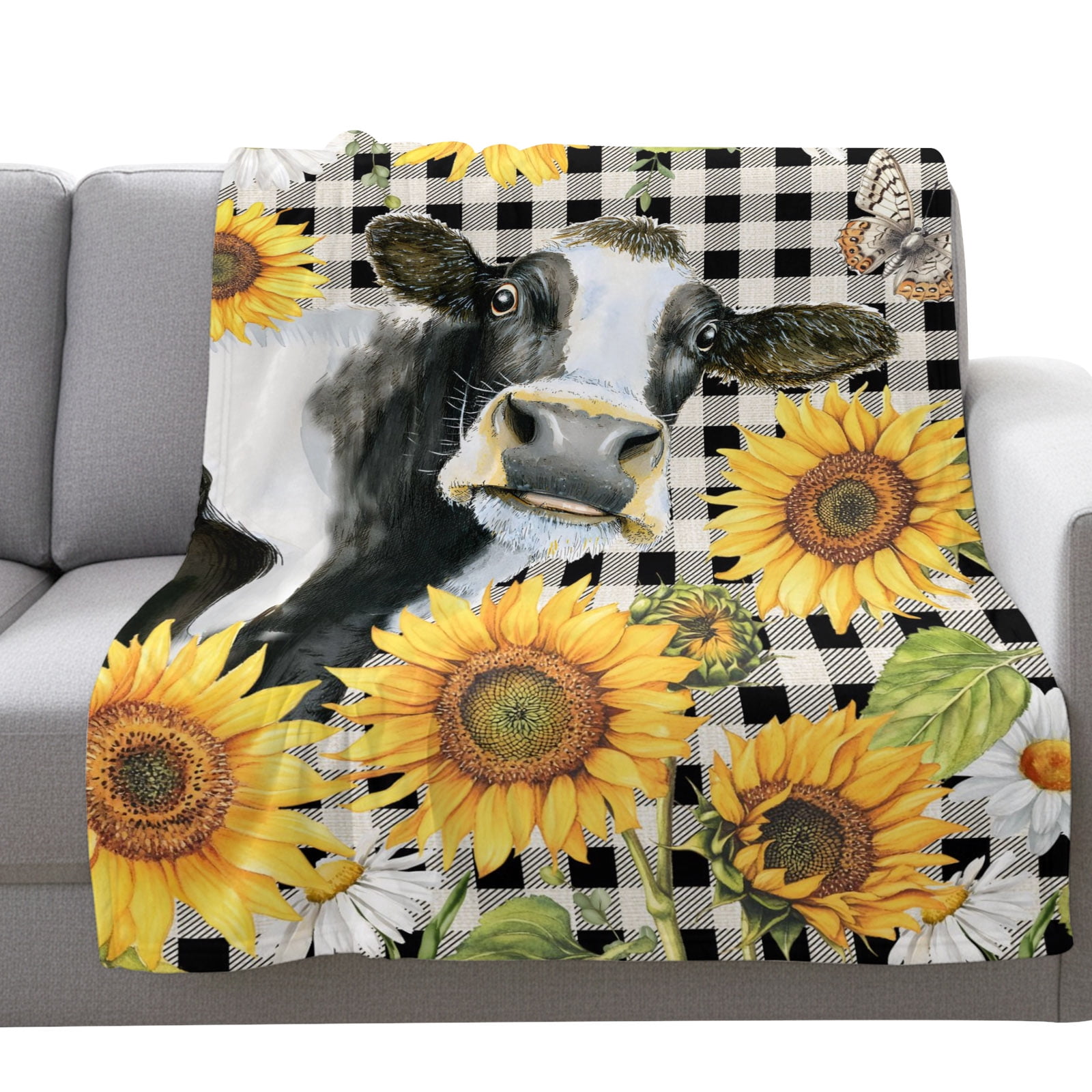 Flannel Throw Blanket for Couch Sofa Bed,Farm Cows Sunflower Daisy ...