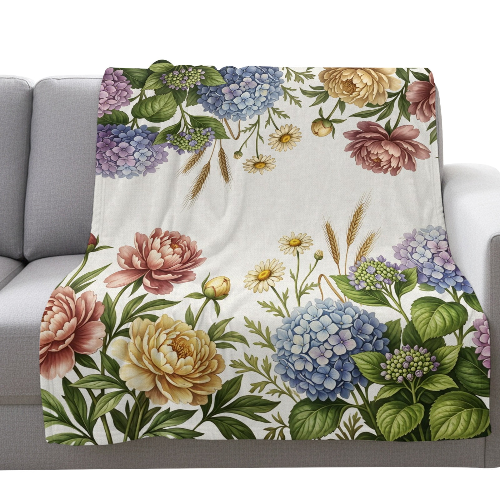 Flannel Throw Blanket for Couch Sofa Bed,Farmhouse Blue Hydrangea ...