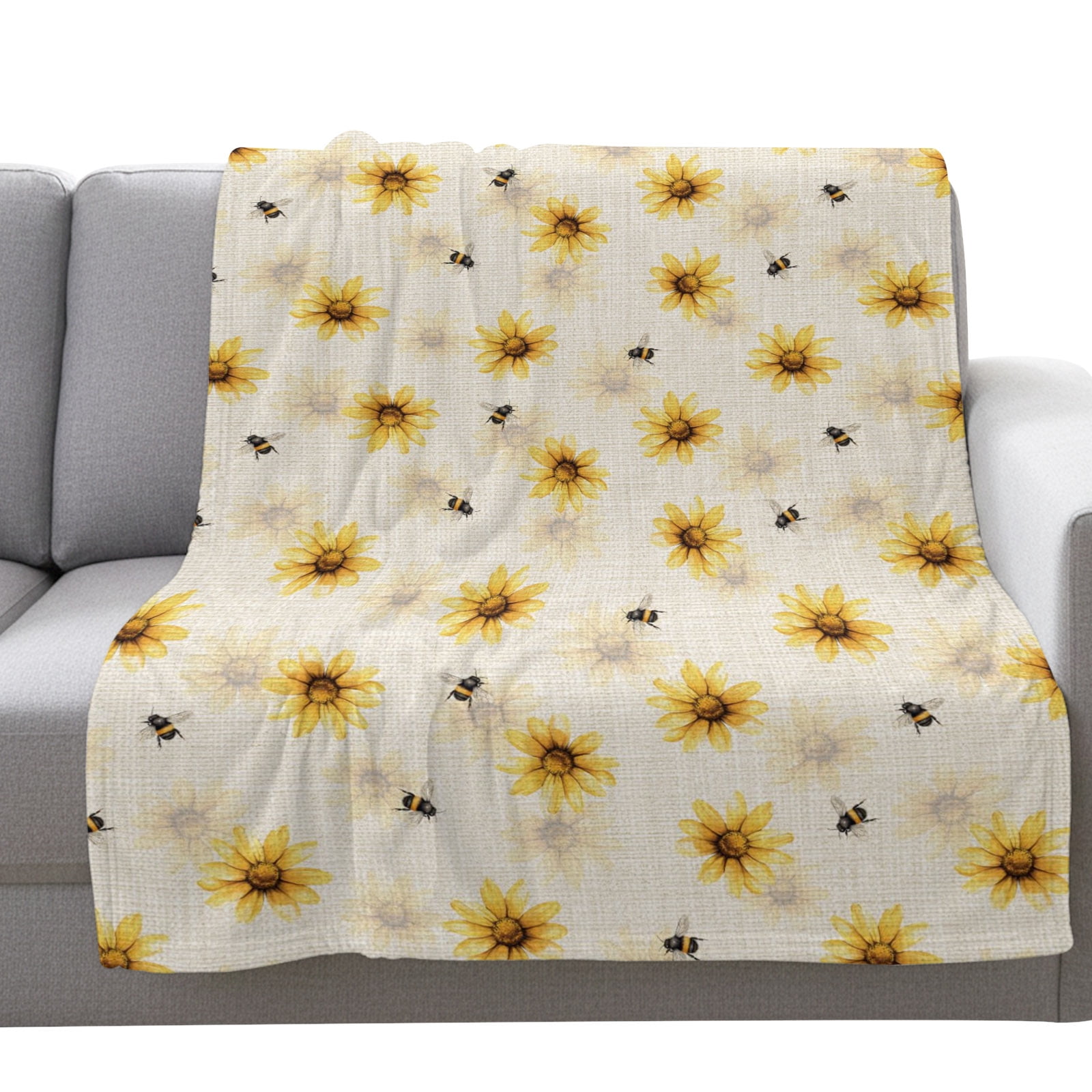 Flannel Throw Blanket for Couch Sofa Bed,Farmhouse Daisy Flower Bee ...