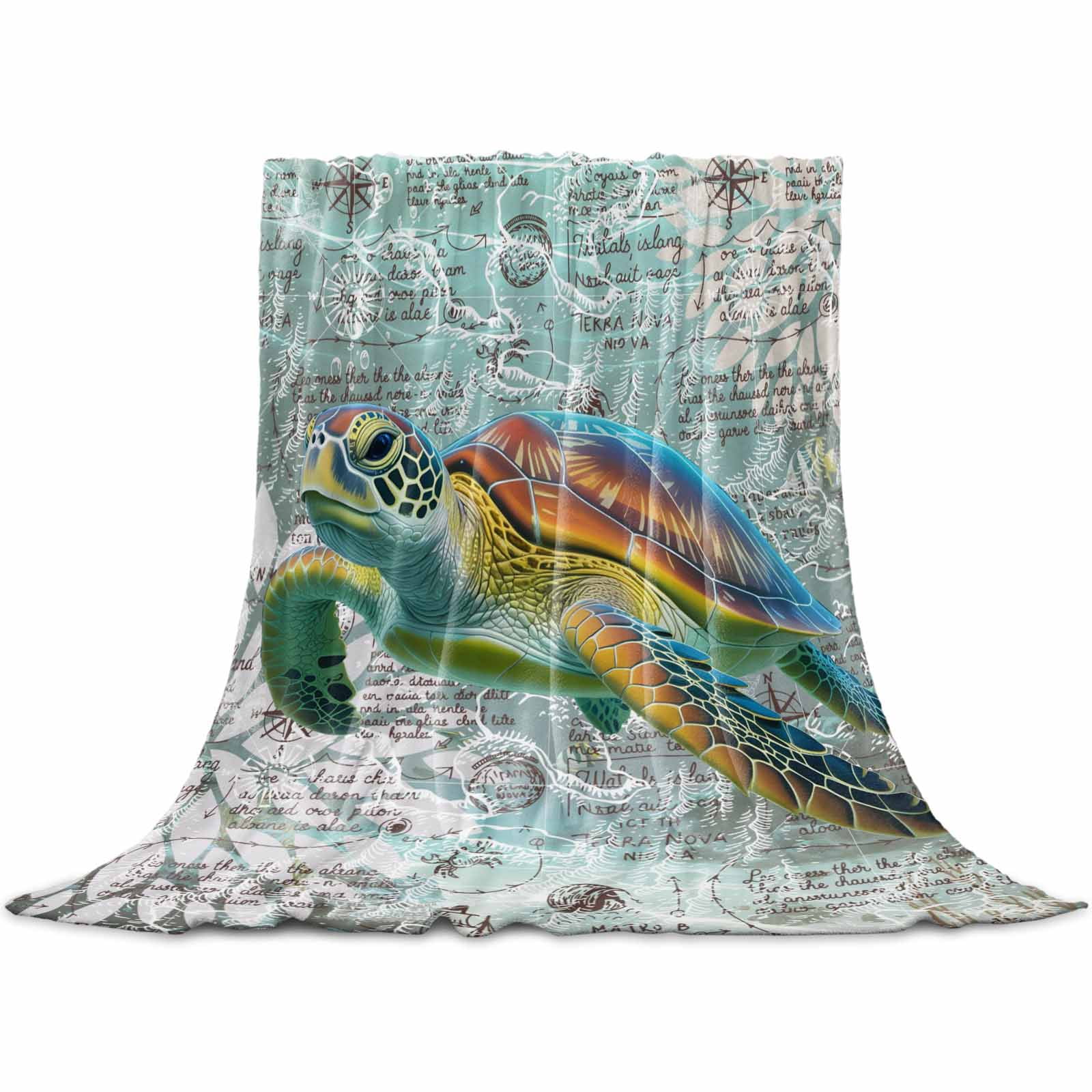 Flannel Throw Blanket for Couch Sofa Bed,Ocean Sea Turtle Nautical Map ...