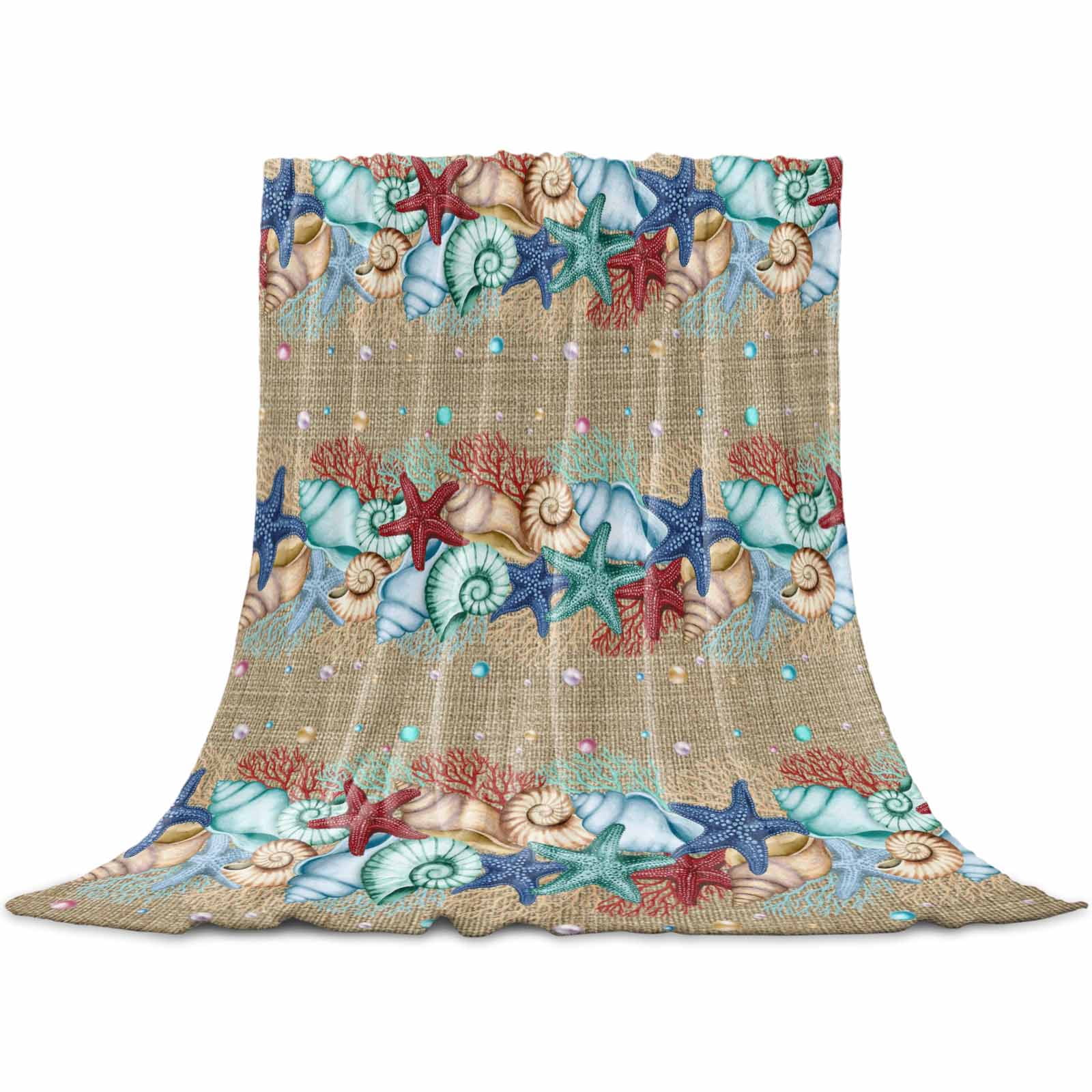 Flannel Throw Blanket for Couch Sofa Bed,Retro Summer Marine Life ...