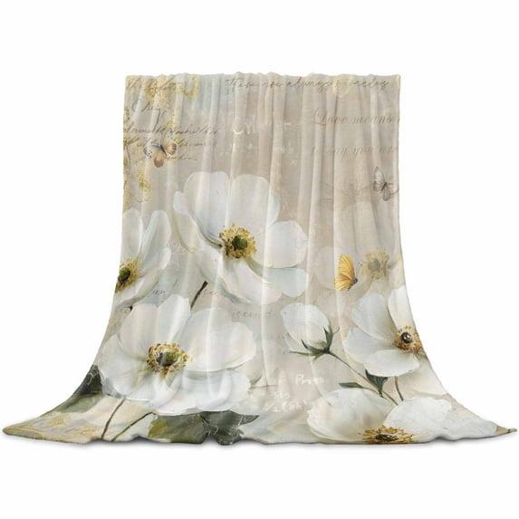 Flannel Throw Blanket for Couch Sofa Bed,White Peony Blossom Floral ...