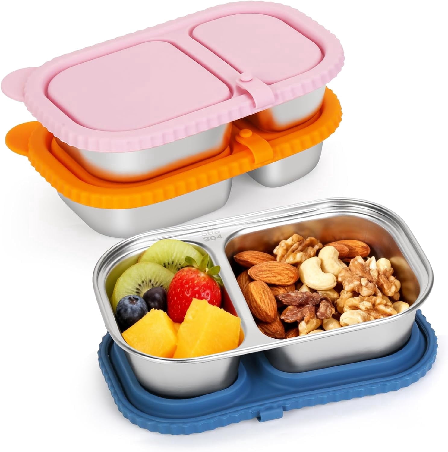 Flantor 3 Pack Stainless Steel Snack Containers, 2 Compartment Metal ...